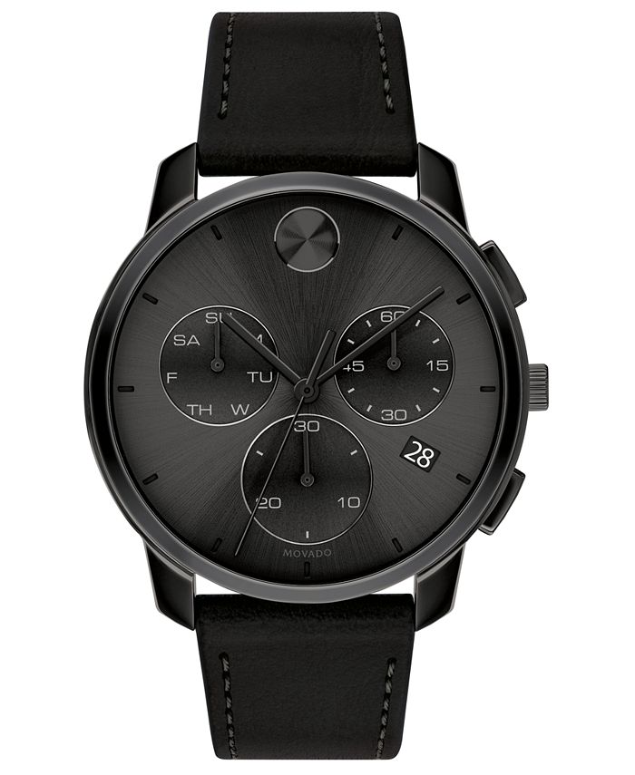 Movado Men's Swiss Chronograph Bold Black Leather Strap Watch 42mm ...