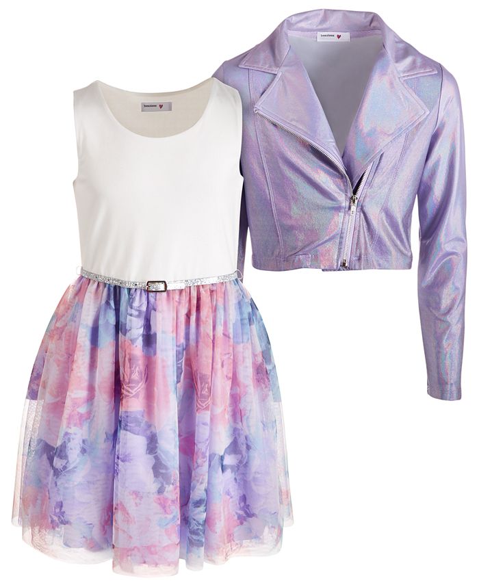 Beautees Big Girls 2-Pc. Moto Jacket & Belted Mesh Dress Set & Reviews ...