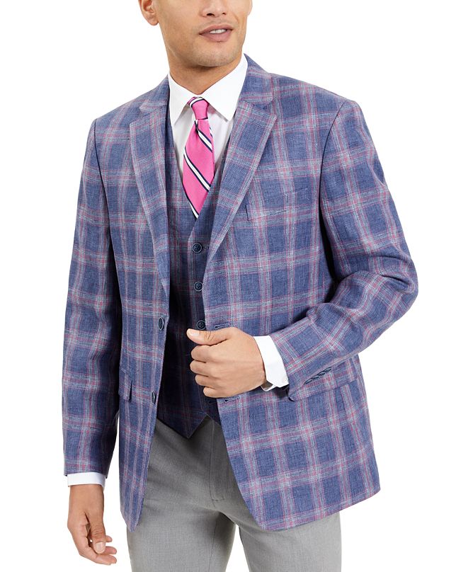 Tommy Hilfiger Men's Modern-Fit TH Flex Stretch Blue/Red Windowpane ...