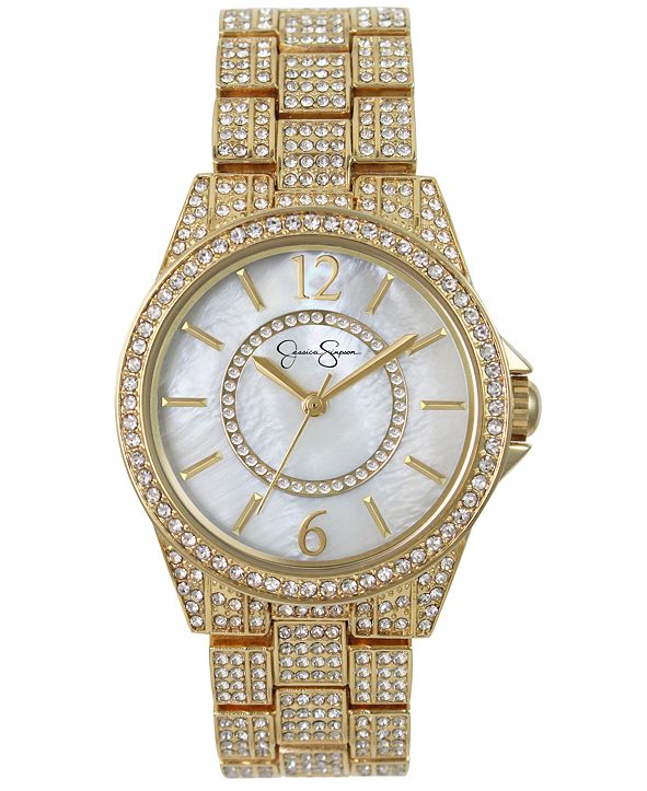 Jessica Simpson Women's Crystal Encrusted Gold Plated Bracelet Watch ...