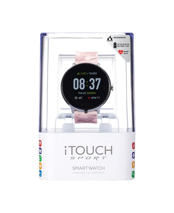 iTouch Women's Sport Silver-Tone Case with Pink Camo Strap 43mm ...