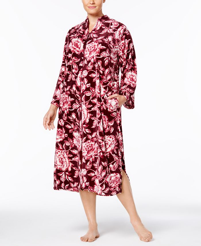 Miss Elaine Plus Size Printed Brushed Velour Zip-Front Robe & Reviews ...
