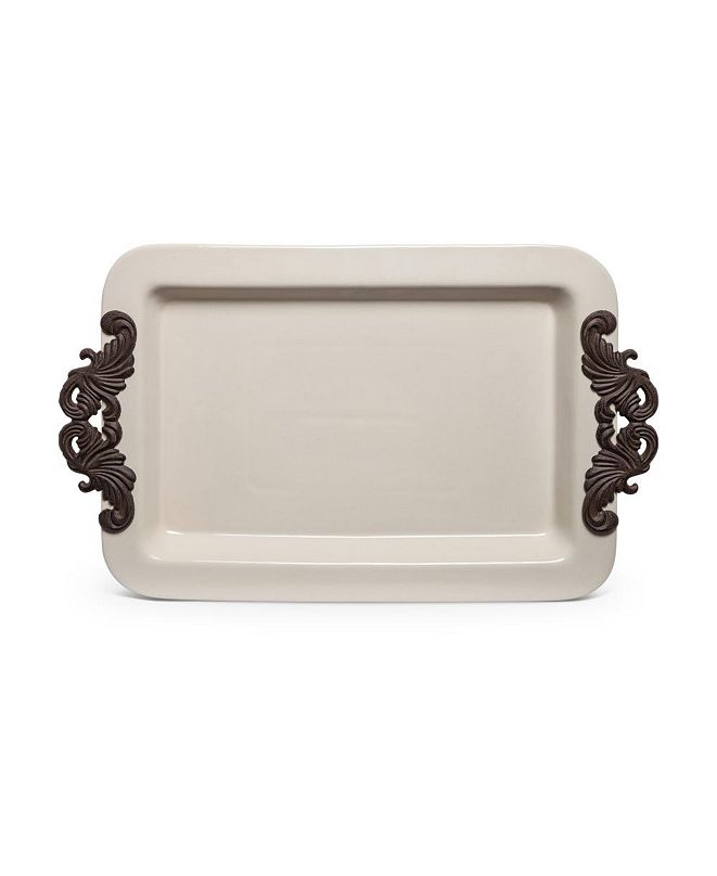 The GG Collection 23.75-Inch Long Cream Ceramic Tray with Acanthus Leaf ...
