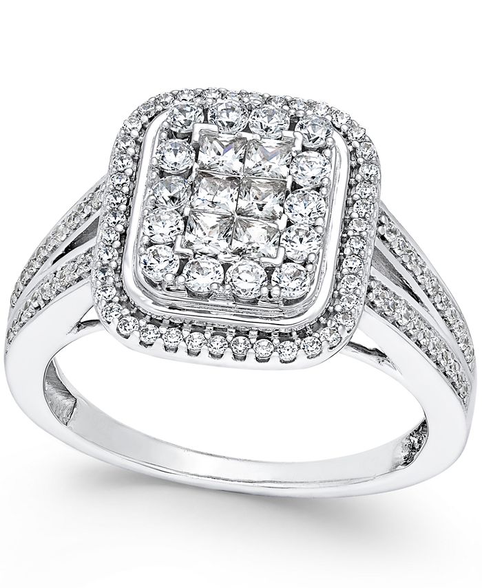 Macy's Diamond Square Cluster Engagement Ring (1 ct. t.w.) in 14k White ...